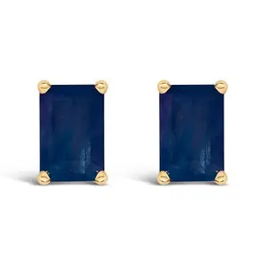 HAUS OF BRILLIANCE 14k Gold Emerald Cut Gemstone Stud Earrings - Blue Sapphire | Yellow